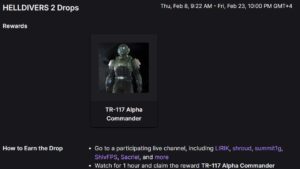 How to get Helldivers 2 Twitch drops and free TR-117 Alpha Commander ...