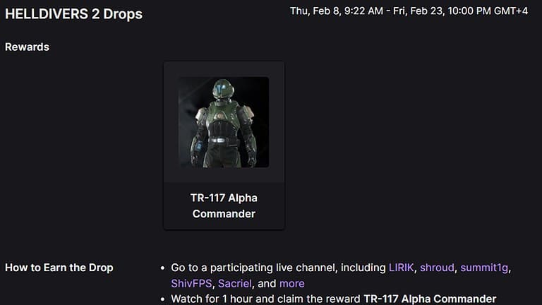 How to get Helldivers 2 Twitch drops and free TR-117 Alpha Commander ...